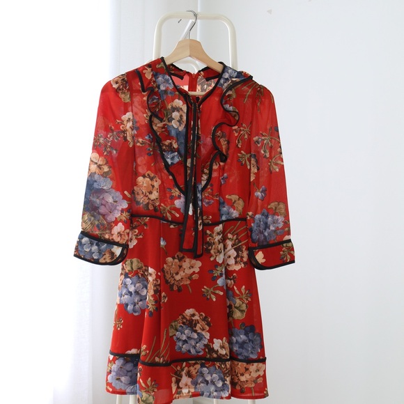 Dresses | Renamed Floral Red Dress With Ruffle Details Size S | Poshmark